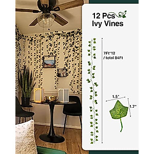JACKYLED 84Ft 12 Pack Artificial Ivy Garland Fake Plants, Ivy Leaves with CE Certified 80 LED String Lights, Hanging Ivy Lights for Aesthetic Bedroom Garden Party Wall Room Decor