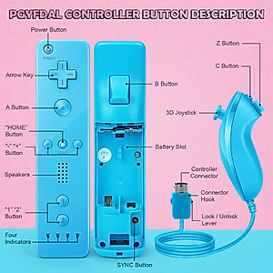 PGYFDAL Wii Controller 2 Pack, Wii Remote Controller and Nunchuck Joystick with Silicone Case and Wrist Strap for Holiday (Pink and Blue)