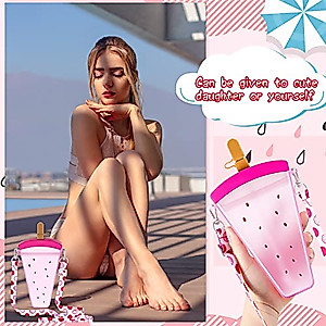 Honeydak 2 Pack Cute Water Bottle Watermelon Kawaii Plastic Water Bottles with Adjustable Shoulder Strap for Kids Girls Adult Sports for Milk Tea Juice Leakproof (Watermelon, Pitaya)