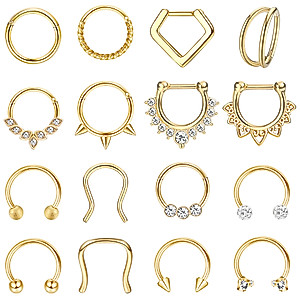 Besteel Hypoallergenic Gold Septum Rings 16G 8mm Surgical Steel Clicker Nose Rings Hoops Set Small Lip Cartilage Helix Daith Piercing Jewelry for Women Men 16 Pcs