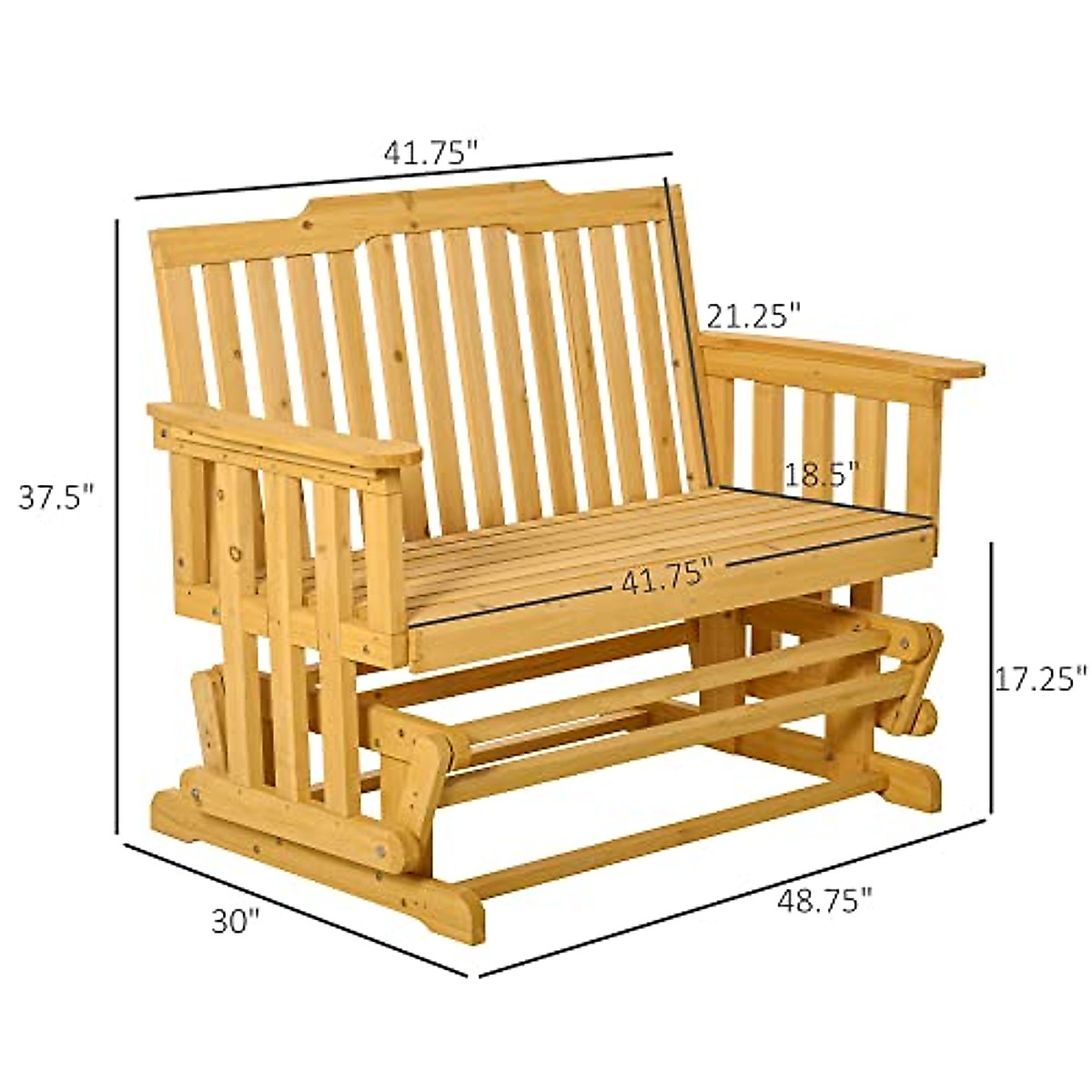 Outsunny 2-Person Outdoor Glider Bench, Wood, Quick Drying, Wide Armrest, Rocking Chair Loveseat for Backyard Garden Porch, Natural