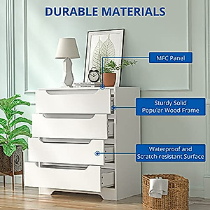 Cozy Castle 4 Drawer Chest, Mid Century Nightstand with Cutout Handle, Accent Drawer Dresser, Wood Storage Cabinet with Drawers for Bedroom Living Room Home Office Entry, White