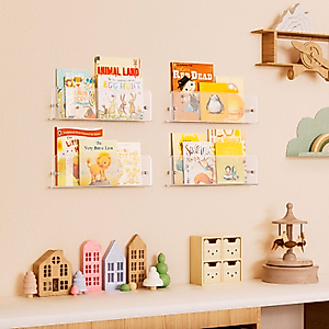 Lifewit Nursery Bookshelf 4 Pack, 15" Floating Shelves for Wall Mounted, Clear Acrylic Kids Magazine/Picture Hanging Racks for Baby/Toddler/Children in Bedroom, Living Room Decor