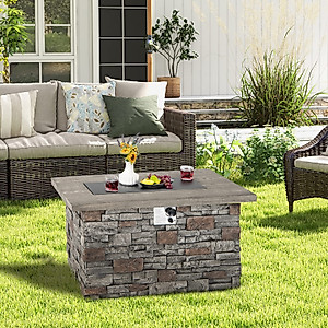 Tangkula 50,000 BTU Propane Fire Pit Table, Patiojoy 43.5 Inch Rectangle Fire Table with Faux Stone Surface, Outdoor Gas Fire Pit Table with Stainless Steel Burner, Waterproof PVC Cover, Lava Rocks