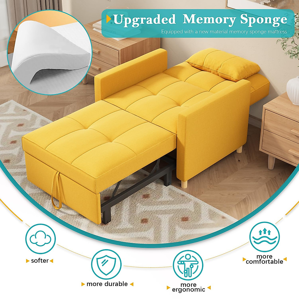 YODOLLA Sleeper Chair, 3 in 1 Chair Bed Sleeper for Adults, Fold Out Sofa Cama with Pillow and Convertible Backrest, Multi-Functional Couch Loveseat Reading Chair for Small Space, Yellow