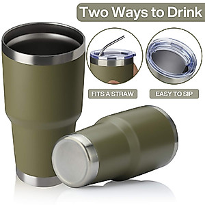 MEWAY 30oz Insulated Tumbler With Lids and Straws,Stainless Steel Double Vacuum Coffee Tumbler Cup, Brush, Durable Powder Coated Coffee Cup for Cold & Hot Drinks, Office, Travel(Army Green,4 PACK)
