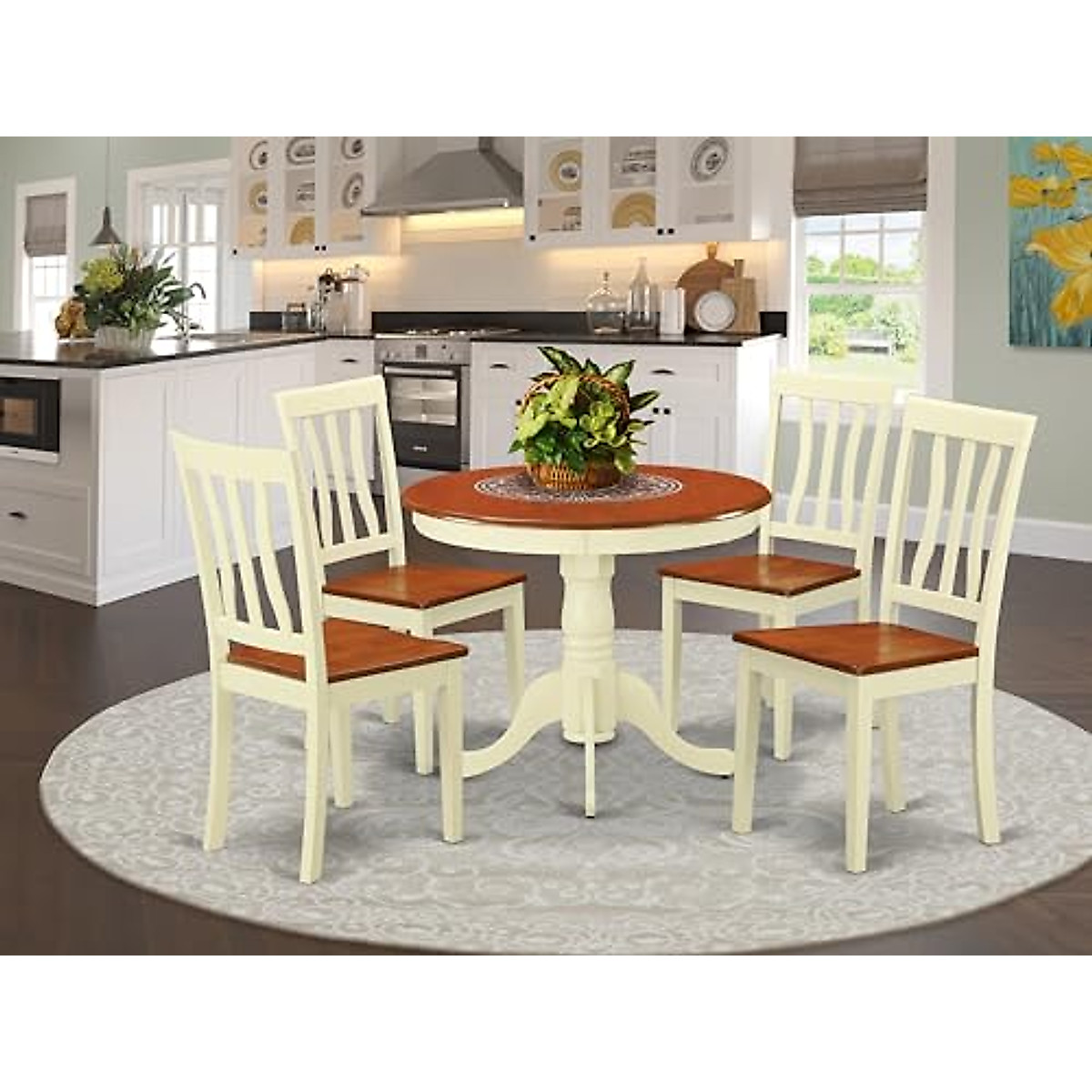 East West Furniture DLAN5-BMK-W 5 Piece Kitchen Table & Chairs Set Includes a Round Dining Room Table with Dropleaf and 4 Solid Wood Seat Chairs, 42x42 Inch, Buttermilk & Cherry