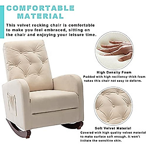 Rocking Accent Chair, Tufted Upholstered Luxury Velvet Lounge Chair, Glider Rocker Armchair with Side Pocket for Nursery, Living Room, Bedroom, Solid Wood Frame for 300 lbs Support (Sandy Beige)