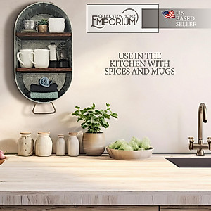 Creekview Home Emporium Rustic Shelf Galvanized Wash Tub Farmhouse Bathroom Wall Decor - 20 Inch Oval Galvanized Cubby Wall Unit with 2 Wood Shelves - Primitive Bathroom Decor with Towel Ring