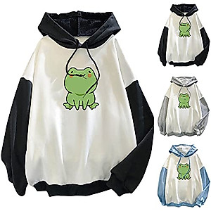 Hoodies for Teen Girls Aesthetic Cute Frog Hoodie for Womens Teen Girls Long Sleeve Patchwork Sweatshirts Kawaii Frog Graphic Pullover with Pocket Aesthetic Clothing