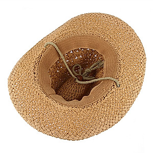EOZY Women Men Straw Hat Hallow Out Cowboy Cowgirls Sun Hat Braided Paper Western Style Beach Sun Hat with Chin Strap/Khaki