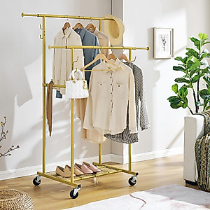 Gewudraw Double Rod Garment Rack, Heavy Duty Rolling Gold Clothes Rack with Wheels For Hanging Clothes,Portable Metal Clothing Rack with Shelves, 64.2inch Chrome