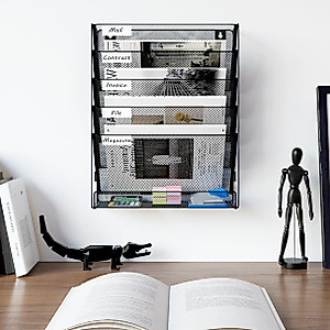PAG Hanging Wall File Holder,6 Tier Mesh Mail Sorter for Wall,Office Wall Organizer For Papers,Folders,Files Clipboard & Magazine,Black