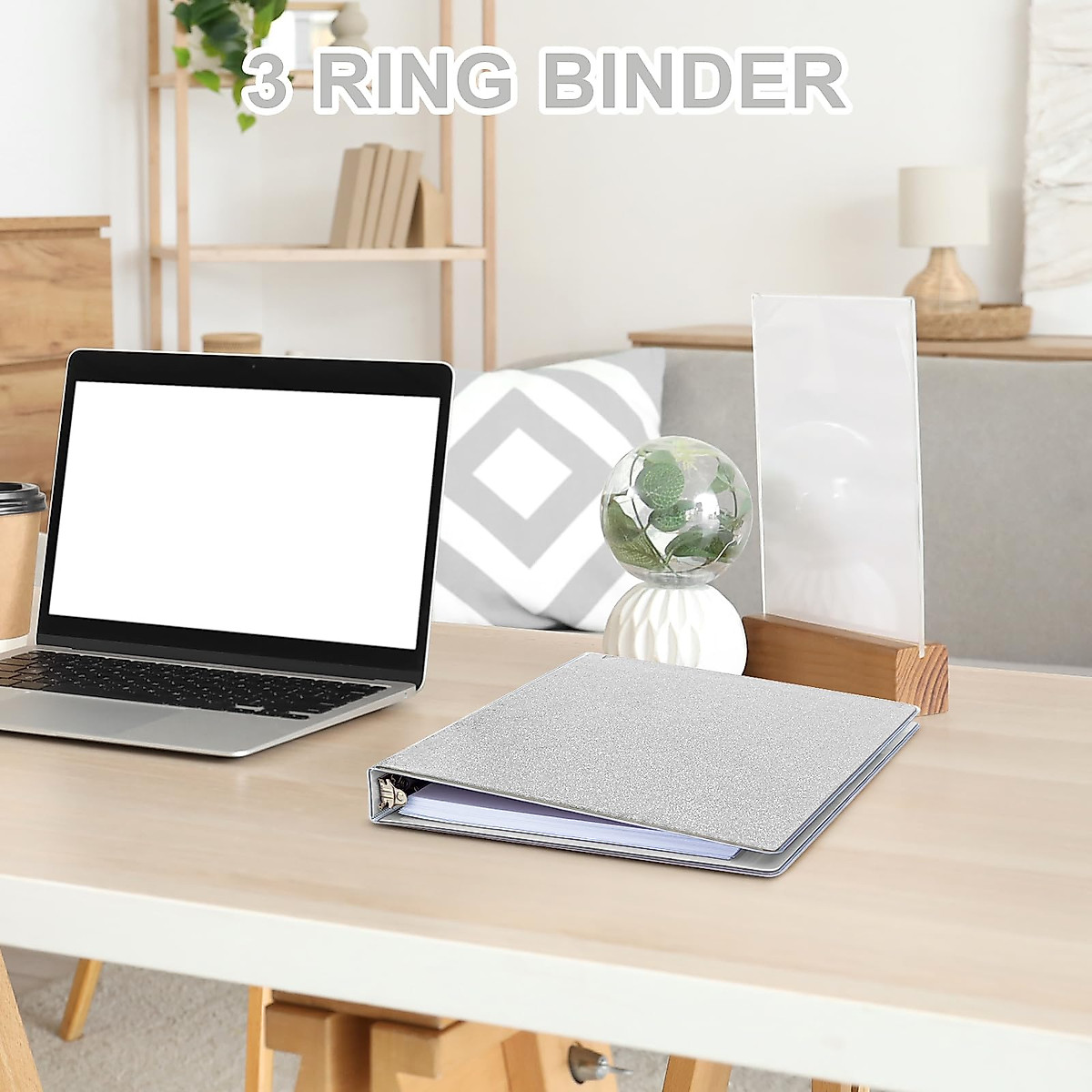 EYROZILL 1" Binder 3 Rings, Glitter Binder Holds 300 Sheets, Waterproof, 2 Pockets, Silver