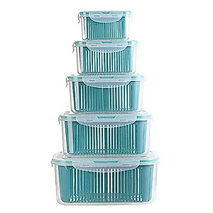 5 Pack Produce Saver Refrigerator Organizer Bins, 3-in-1 Multifunctional Draining Crisper with Strainers, Fresh-Keeping Container Storage Containers for Produce, Fruits, Vegetables, Meat and Fish (5)