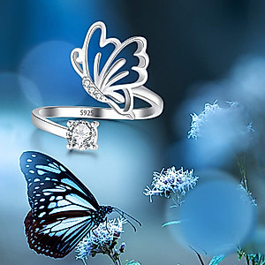 BEILIN 925 Sterling Silver Ring Dainty Butterfly Ring Expandable Open Cuff Ring Adjustable Animal Promise Ring for her