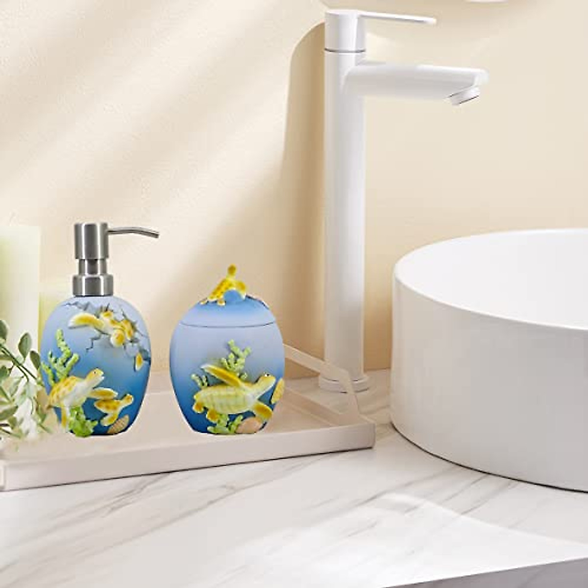 YHHRESINKING Resin Sea Turtle Mother and Baby Soap Dispenser, Beach, Bathroom Accessory,Ocean Theme Sea Turtle Family Bathroom Decor,Coastal Decor (Ocean Blue)