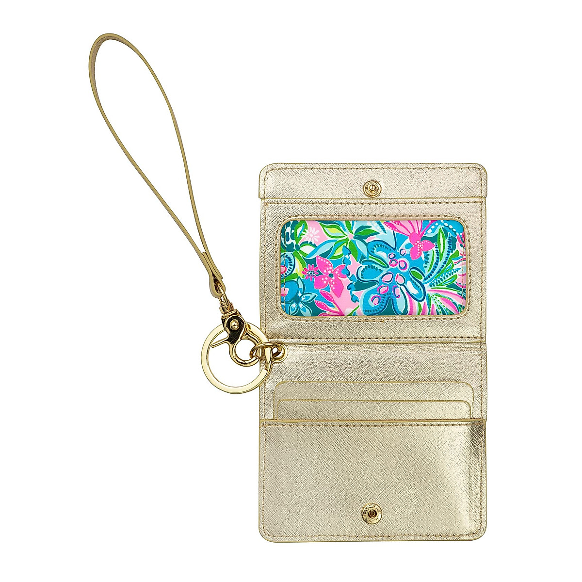 Lilly Pulitzer Snap ID Card Case, Cute Blue Keychain Wallet, Slim Credit Card Holder with Wristlet Strap, Golden Hour