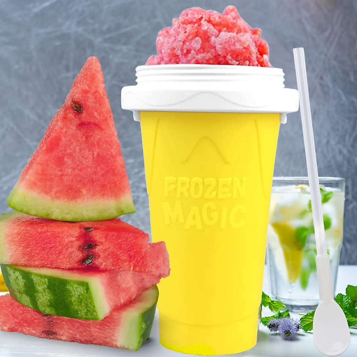 Slushy cup drink maker,homemade slushie cup maker Quick Frozen Smoothies,milkshake maker,freeze the cups and get insta magic slushy drink no need slushie machine,cool cup. (Yellow)