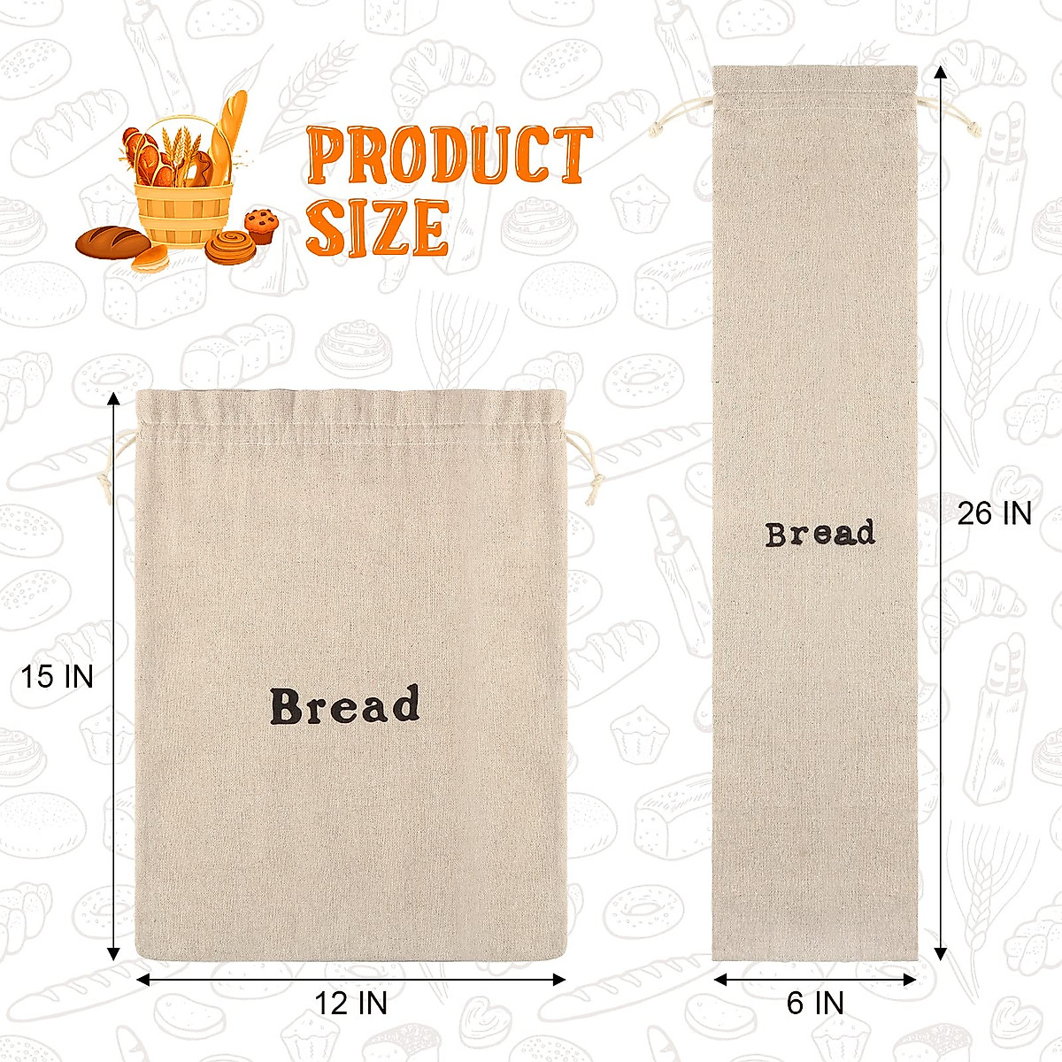 6 Pcs Linen Bread Bags Reusable Bread Bags for Homemade Bread Large Drawstring Artisan Bread Storage Bags Loaves Pastries Bags Homemade Food Storage Wedding Gift for Home Bakery, 12 x 15 In, 6 x 26 In