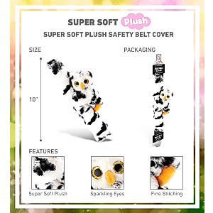DolliBu White Owl Plush Car Seatbelt Cover - Soft Fluffy Cushion Support for Safety Seat Belt Strap Cover, Decorative Wild Life Stuffed Animal Padded Toy, Cute Vehicle Accessory for Kids & Adults