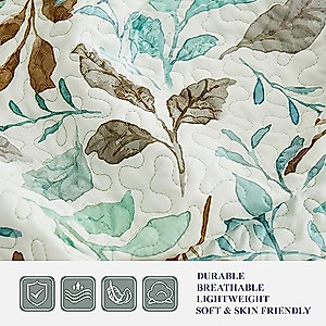 WRENSONGE Quilts Queen Size, 3 Pieces Green Leaf Summer Reversible Quilt Bedding Sets, Soft Lightweight Microfiber Floral Pattern Printed Bedspread Coverlet for Bed, Couch, Blanket All Season 90"*94"