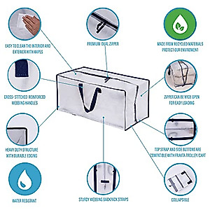 VENO Heavy Duty Extra Large Clear Moving Bags W/ Backpack Straps Strong Handles & Zippers, Storage Totes For Space Saving, Fold Flat, Alternative to Moving Box, Recycled Material (Clear - Set of 8)