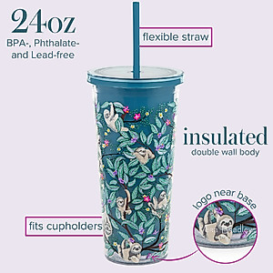 Vera Bradley Travel Tumbler with Lid and Straw, 24 Ounce Insulated Cup, Plastic Double Wall Tumbler, Hanging Around (Sloths)