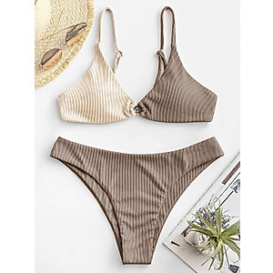 ZAFUL Women's Ribbed O-Ring String Bikini Swimsuit Cheeky Thong Swimwear Two Pieces Bathing Suit