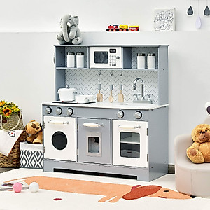 Costzon Kids Kitchen Playset, Wooden Pretend Cooking Playset w/Stove, Fridge, Microwave, Removable Sink, Water Dispenser w/Light Sound, Cabinets, Great Gift for Boys Girls