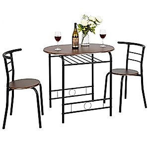 VINGLI 3 Piece Dining Set,Small Kitchen Table Set for 2,Breakfast Table Set for 2,Kitchen Wooden Table and 2 Chairs for Small Space/Dining Room/Apartment,Metal Frame,Wine Rack,Black&Walnut