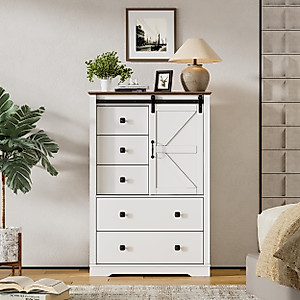 PAKASEPT 5 Drawers Dresser, Farmhouse Modern Tall Dresser 5 Chest of Drawers, Sliding Barn Doors Dresser Chests for Bedroom, Hallway, Living Room, Kids Room