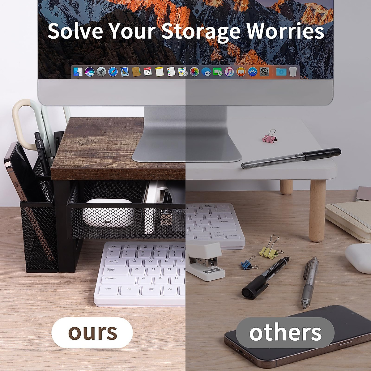 Joyask Computer Monitor Stand Riser for Desk 2 Tier Monitor Shelf for PC Screen Laptop Wooden Desktop Monitor Riser with Drawer Storage Multifunctional Computer Screen Stand Fits Home & Office