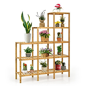 Giantex 5 Tier Bamboo Shelf, Cube Storage Organizer w/ 9 Cubes, Bamboo Bathroom Shelf, Multipurpose Storage Organizer Display Plant Stand for Home Office Living Room Balcony