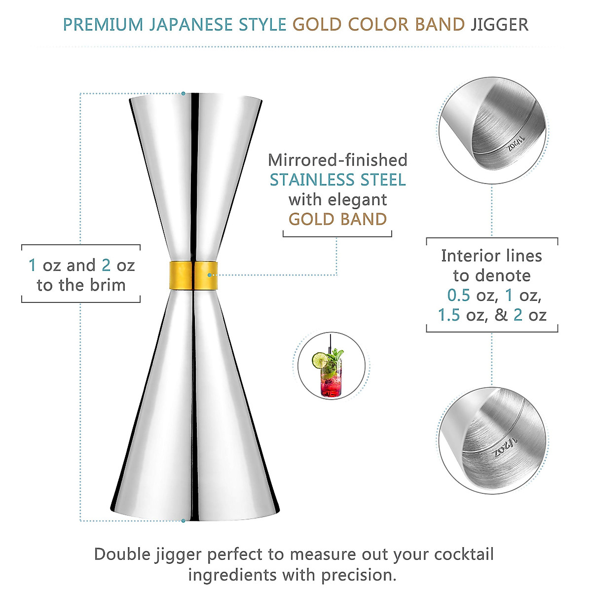 VinoBravo Cocktail Shaker Set for Home Bars and Professionals, Include Martini Shaker 17oz, Double Jigger, Mixing Spoon and Fine Mesh Strainer - Premium 18/8 Stainless Steel