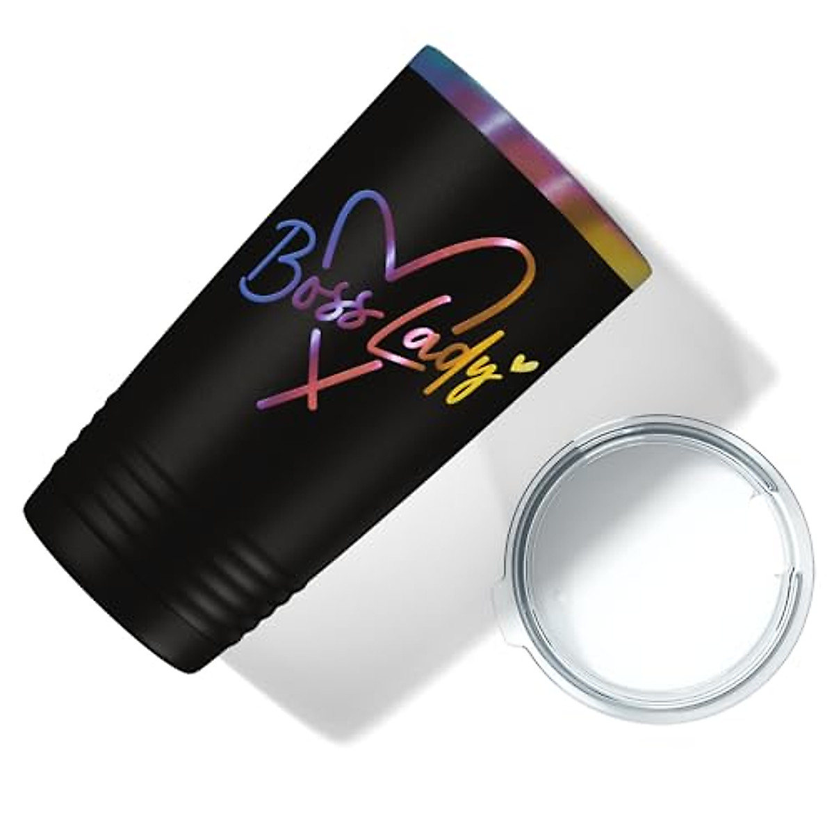 Boss Lady Big Heart Tumbler Birthday Gifts for Women, Coworker, Boss on Black with Ion Prism Design 20 oz Stainless Steel Insulated Cup with Lid - Travel Mug for Mom