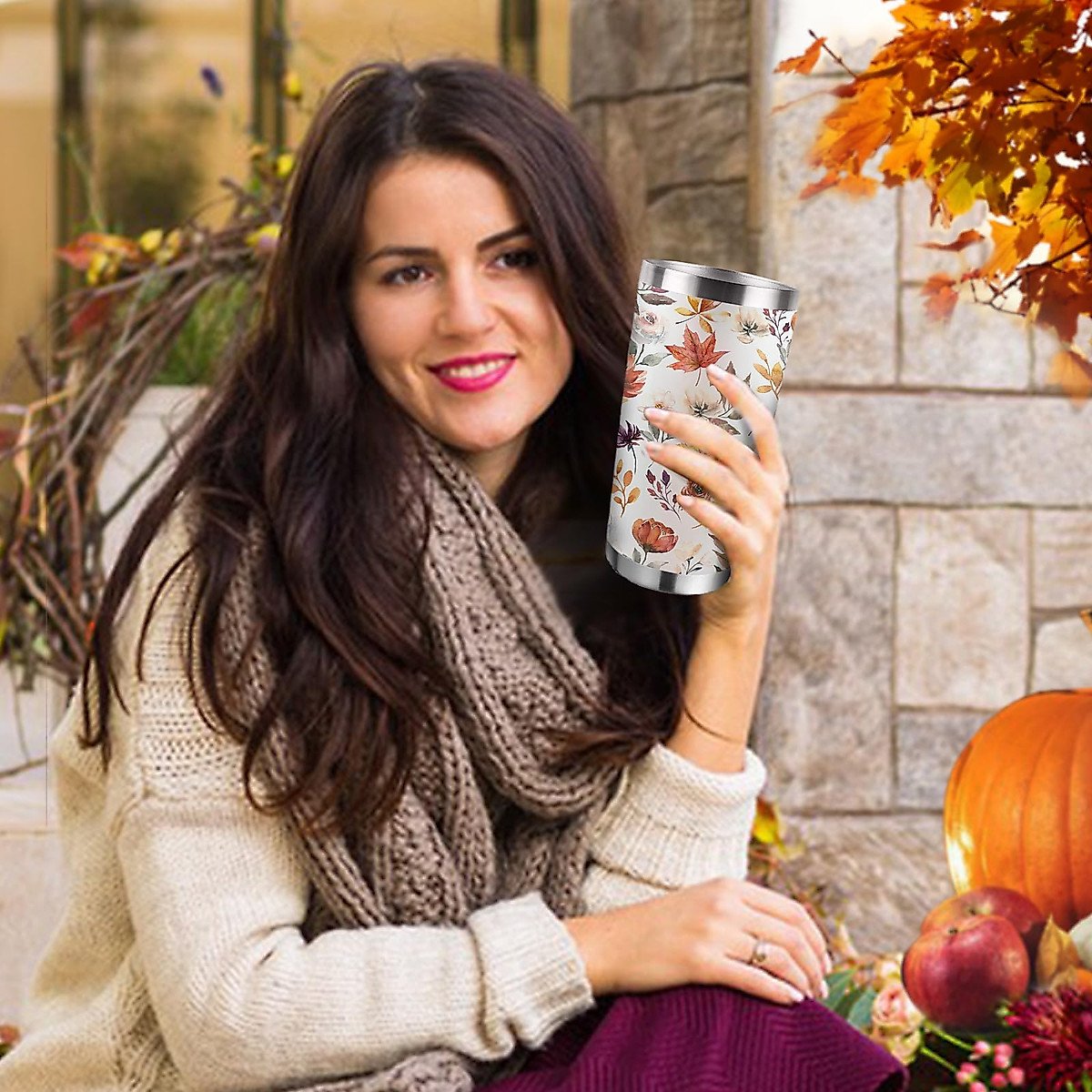 Zzkol Fall Maple Leaves Flower Tumbler with Lid and Straw, Autumn Rose Floral Stainless Steel Travel Coffee Cup, 20oz Farmhouse Double Wall Vacuum Insulated Mug Thanksgiving Gifts