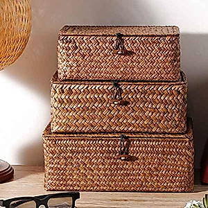Woven Straw Storage Bins with Lid - Set of 4 - Rectangular Seagrass Basket/Storage Basket for Shelf Organizer