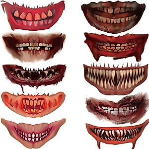 Halloween Prank Makeup Temporary Tattoo, 10Pcs Sheets Halloween Face Temporary Tattoo, Scary Big Mouth Face Tattoos Decals Kits Prank Props for Halloween Masquerade Cosplay Party