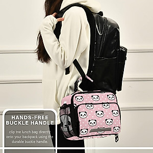 ZOEO Girls Panda Lunch Box Pink Polka Dot School Kids Lunch Bag for Teens Snacks Insulated Cooler Tote Ice Pack Freezable, Fits Bento Boxes, External Bottle Holder