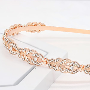 Oriamour Rose Design Rhinestone Crystal Wedding Headband Bridal Headpieces Simple Design Bridal Headband (Rose Gold)