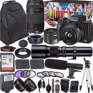Camera Bundle for Canon EOS M50 Mark II Mirrorless Camera Black with EF-M 15-45mm f/3.5-6.3 is STM, EF 75-300mm f/4-5.6 III, 500mm f/8 Manual Focus Lens + Accessories (Renewed)