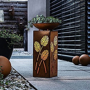 Westcharm Rustic LED Pillar Garden Statue with Planter Dish Bowl and Automatic Timer - Decorative Column Outdoor Statue with Leaves Motif for Home Yard Patio Outdoors Garden Decoration