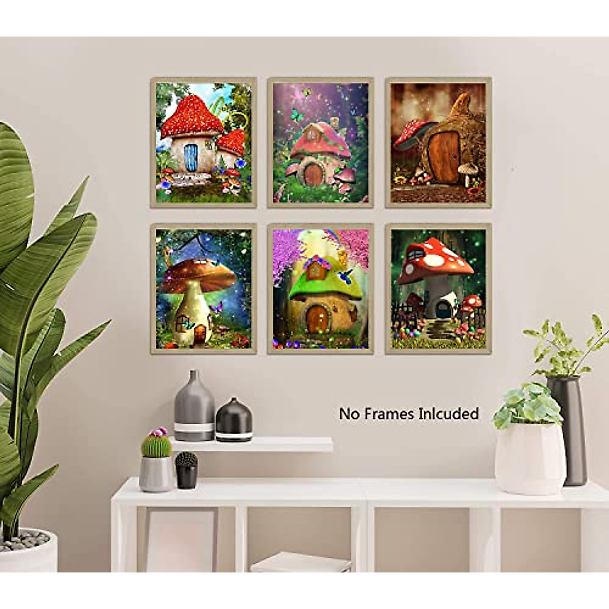 Cartoon Mushroom Posters Fungus Wall Art, Fairy Tale Themed Red Mushroom House Plant Forest Art Prints, Mushroom Posters for Children's Room Bedroom Kindergarten Decor，Set of 6-(8"x10" Unframed)
