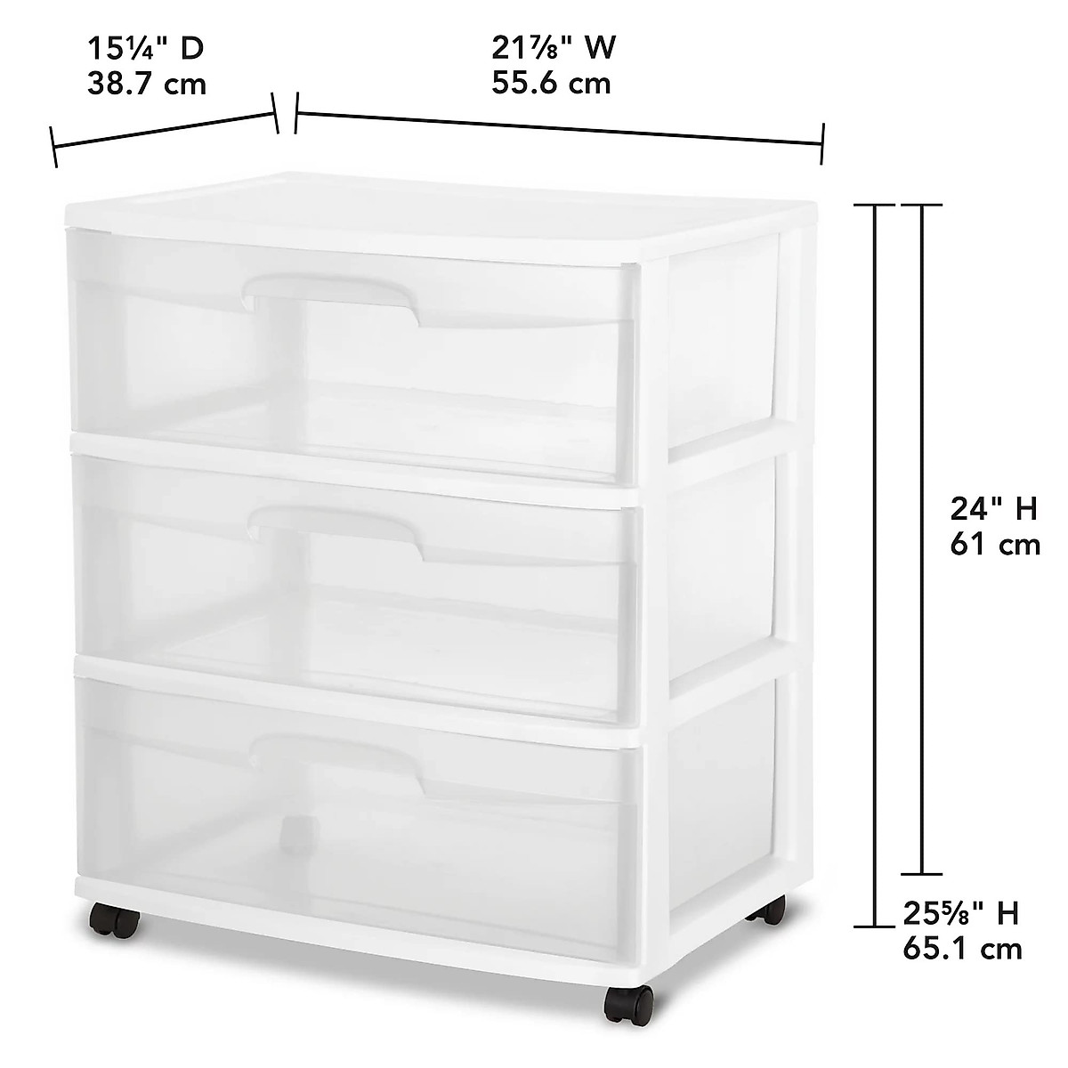Plastic Storage Drawer Cart, Medium Home Organization Storage Container with 3 Large Clear Drawers With Wheels (WHITE)