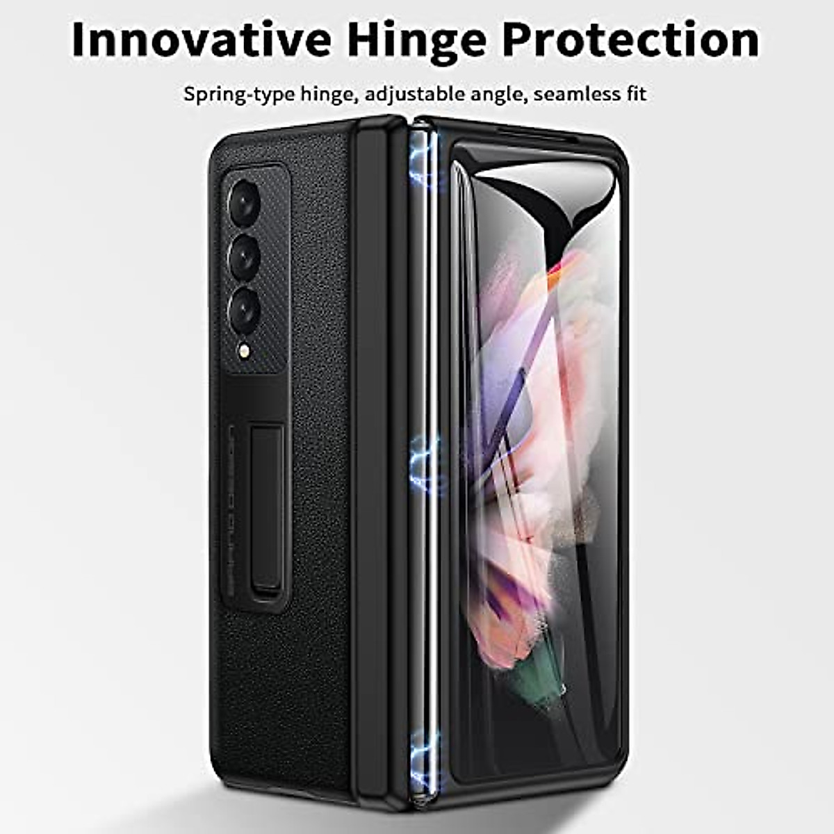 spoovcto Upgraded Leather for Samsung Fold 3 Case, for Galaxy Fold 3 Case with Hinge Protection Built-in Screen Protector Kickstand,Shockproof Protective Cover for Samsung Galaxy Z Fold 3-Black
