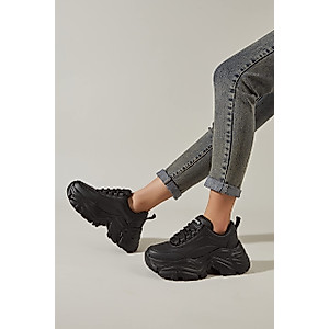 K KIP WOK Chunky Sneakers for Women Fashion Platform White Leather Casual Dad Shoes Comfortable Wedge Walking Sport Sneakers(Black,11B(M) US