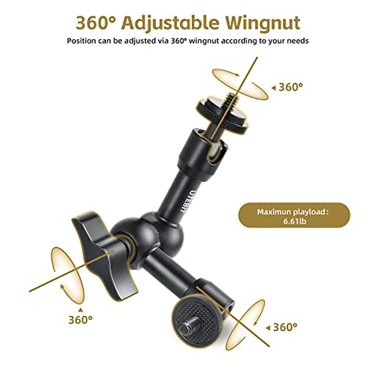 UTEBIT 7 inch Articulating Friction Arm with Large Super Crab Clamp and Hot Shoe Mount 1/4" Magic DSLR Tripod Arms Kit for Photography, Video, Camera Rig, LED Light, Flash Light, LCD Monitor