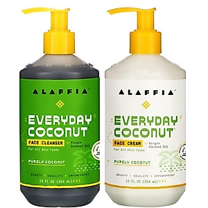 Alaffia EveryDay Coconut Face Cleanser and Face Cream - For All Skin Types, Leaves Skin Fresh & Hydrated, Restores & Balances Skin with Coconut Oil, Neem & Papaya, Purely Coconut, 12 Fl Oz Each
