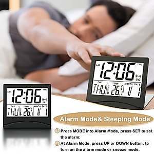 Hicarer 2 Pieces Digital Travel Alarm Clock Battery Operated Foldable LCD Clock with Calendar Temperature Snooze Mode Multifunction Small Desk Clock Portable Clock Large Display Desk Clock(Black)
